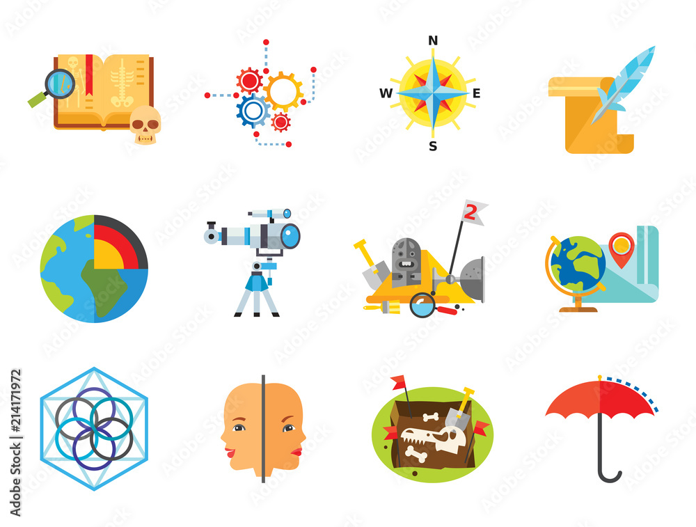Science Icon Set. Archeology Astronomy Cartography Engineering ...