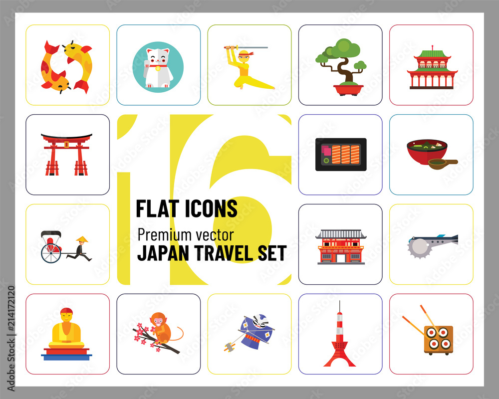 Japan Travel Icon Set. Fuji Mountain Japanese Rickshaw Miso Soup ...