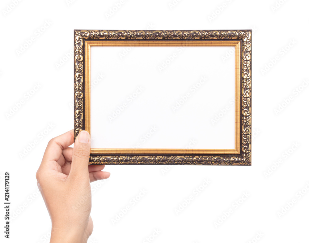 hand holding wood frame border design is patterned isolated on white ...