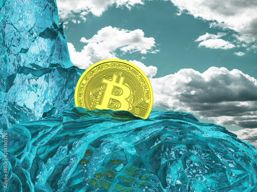 Bitcoin crypto currency Golden coin in pure ice block glowing in the ...