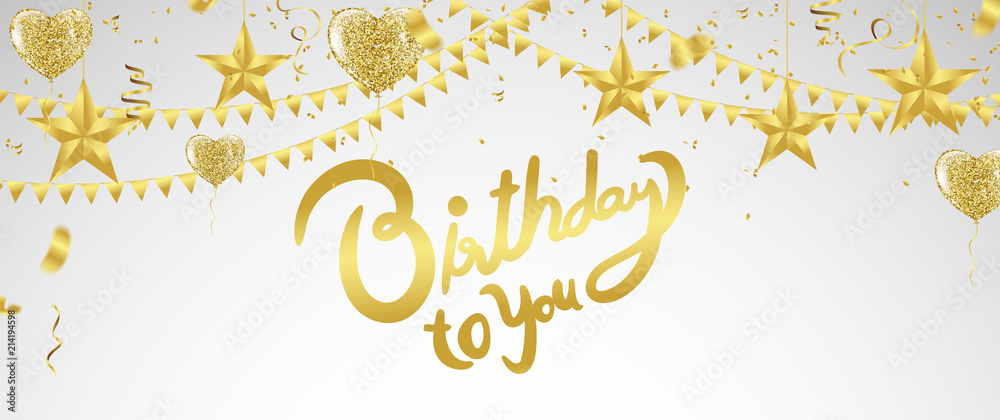 Happy birthday lettering Hand drawn invitation design confetti and gift ...