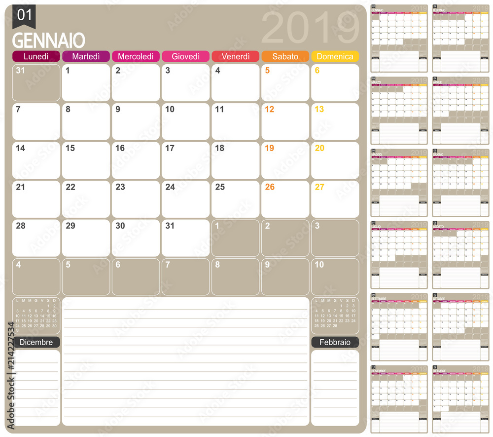 Italian calendar 2019 / Italian calendar template for year 2019, set of ...