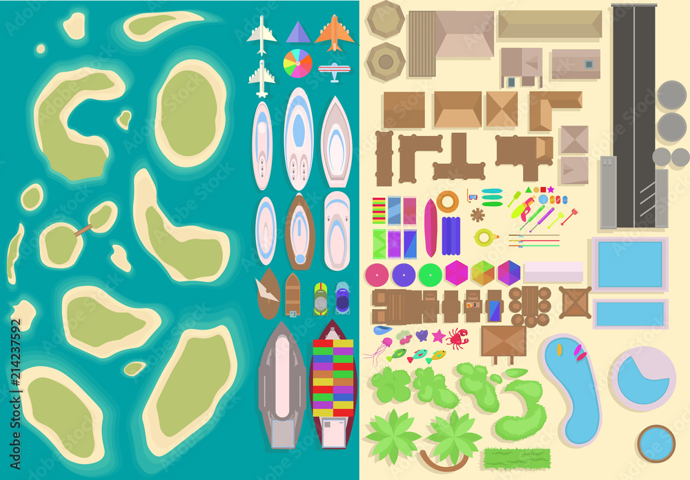 Island top view elements set. Cartoon vacation elements. Landscape top ...