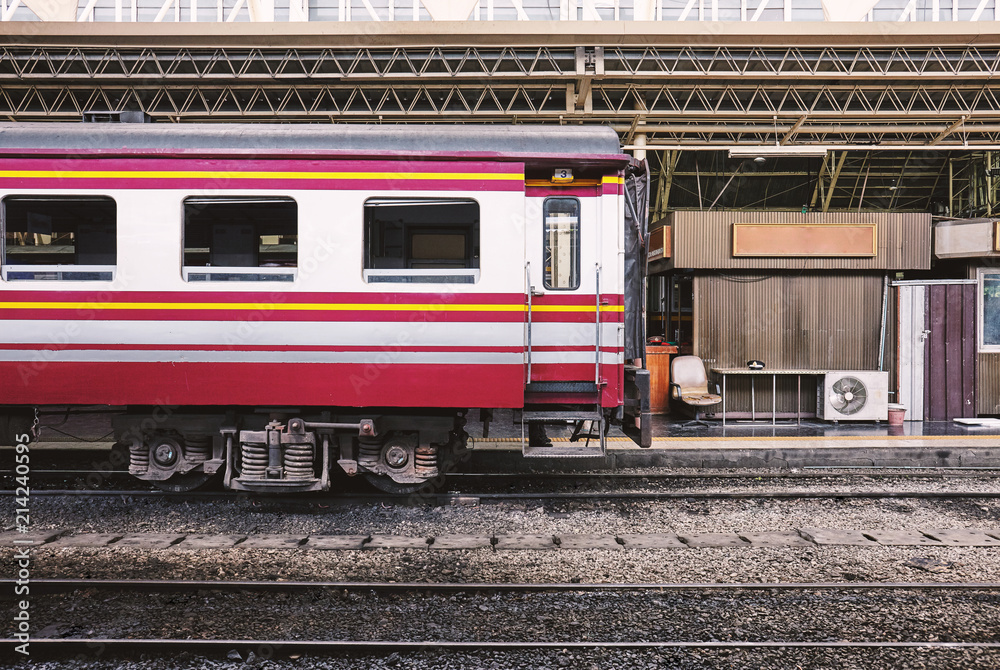 Side view of train bogies parking on at terminal at main central ...