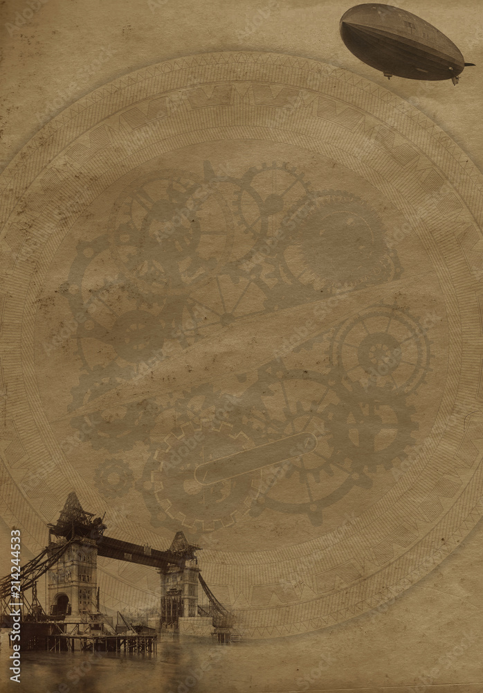Steampunk London vintage travel background, airship, map, compass ...