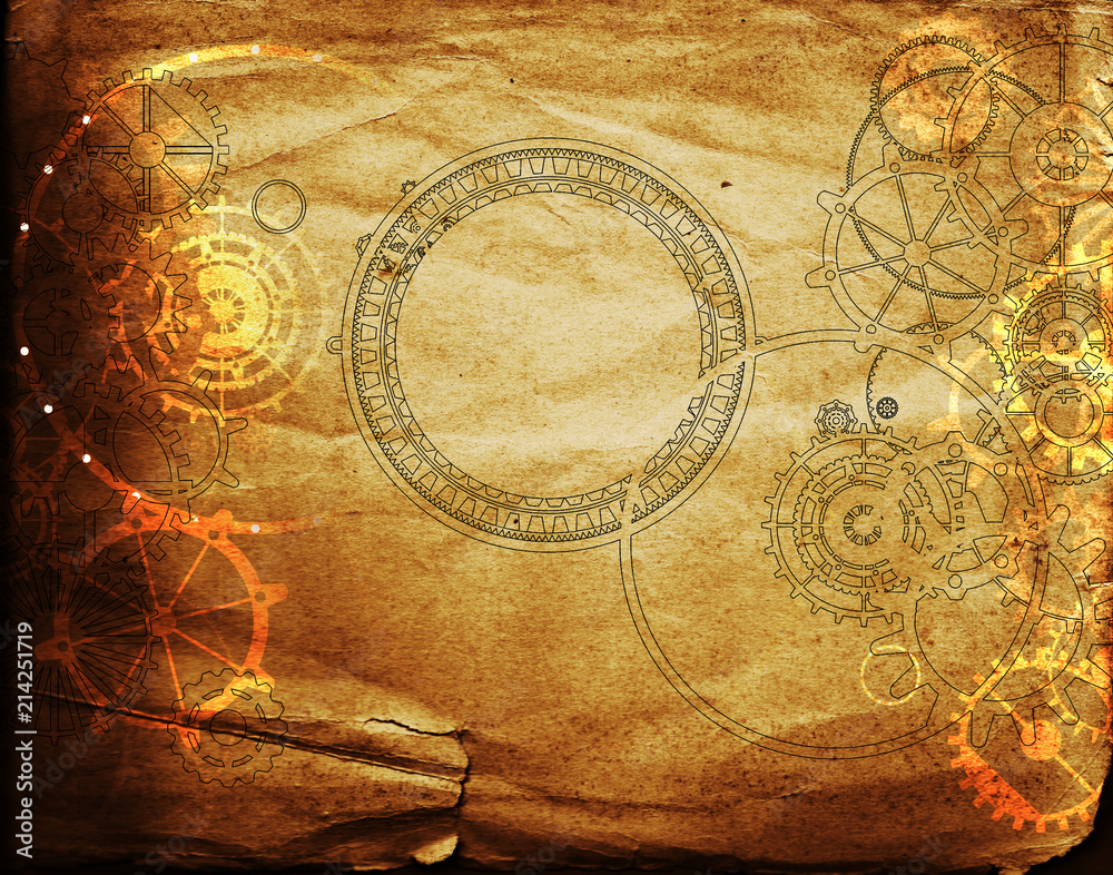 Steampunk vintage metal frame background with rusty grunge collage ...