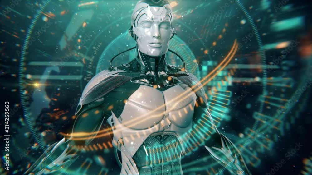 Technology in future, highly detailed robot in virtual space, digital ...