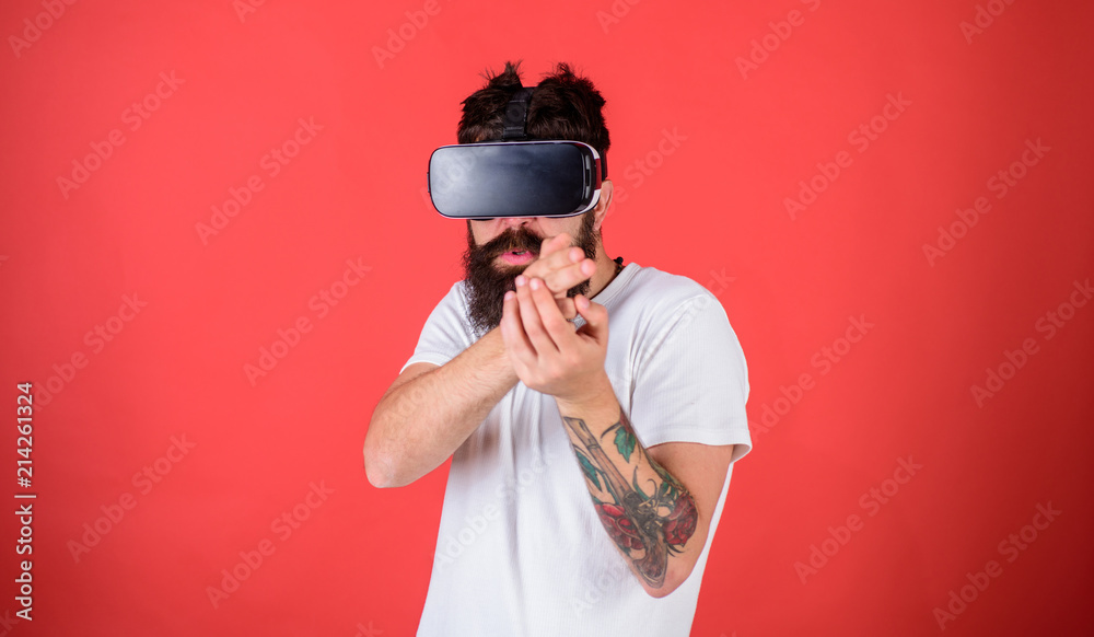 Virtual shooting gallery concept.Guy with head mounted display shoot ...