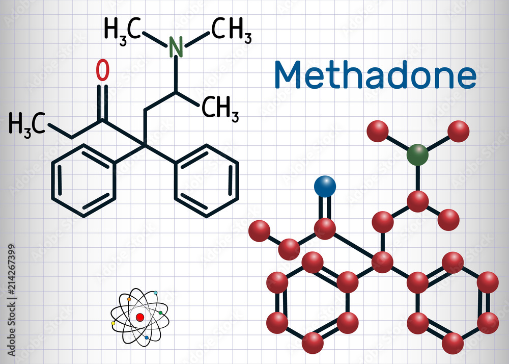 Methadone molecule. Structural chemical formula and molecule model ...