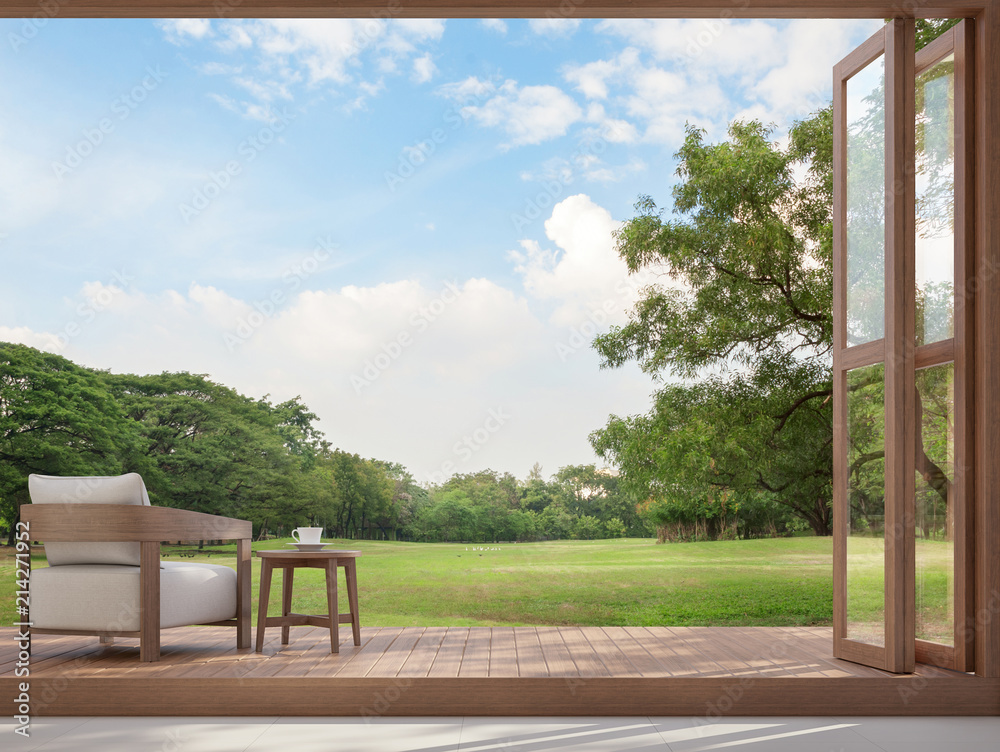 Wood terrace with garden view 3d render,There are large open doors ...