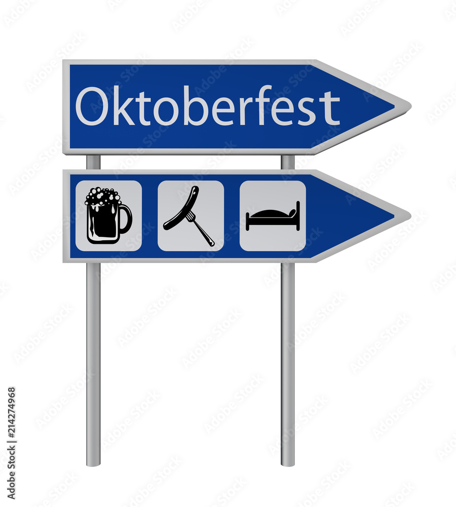 Pfeil-Schild mit den Symbolen Bier, Bratwurst und Bett und Pfeil-Schild ...