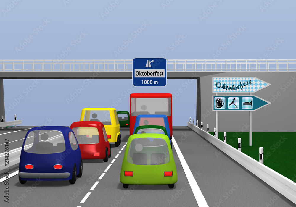 Autobahn mit bunten Autos und Straßenschildern. Stock Illustration ...