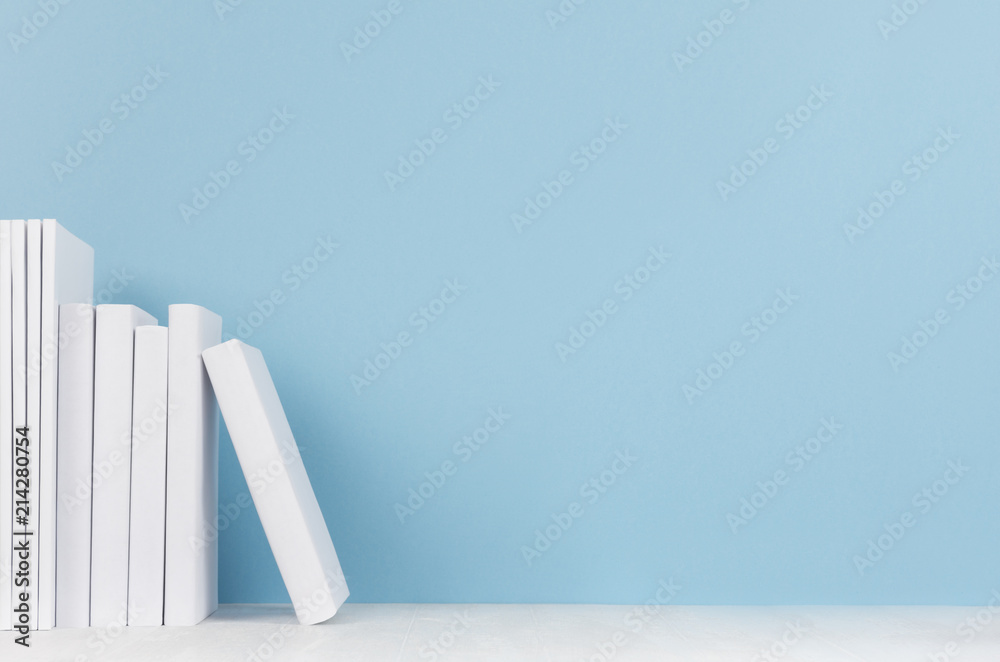 Creative school library - row white blank books on blue background ...