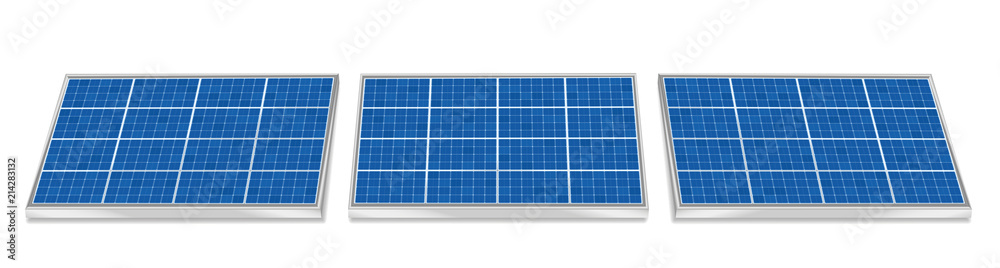 Solar plates collector set. Three 3d photovoltaic panels, side by side ...