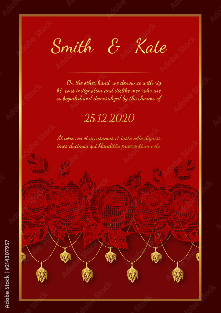 Rose lace wedding card.Red rose vector art highly detailed in line art ...