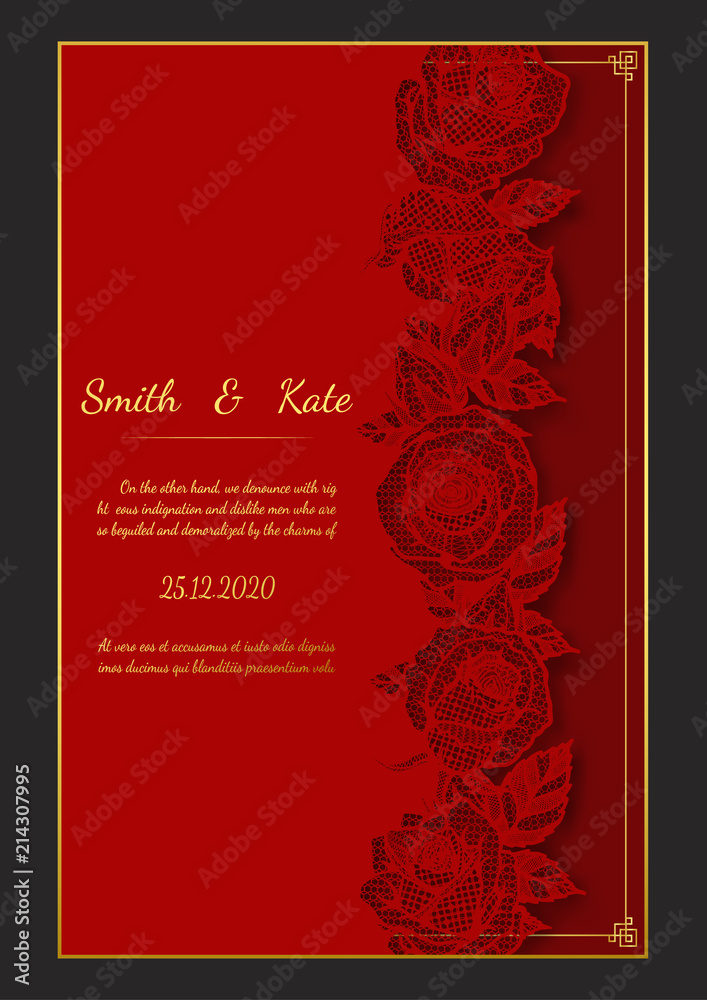 Rose lace wedding card.Red rose vector art highly detailed in line art ...