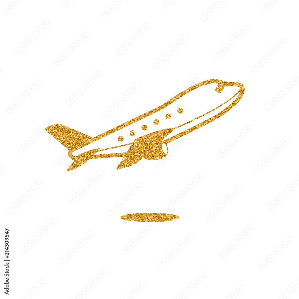 Airplane icon in gold glitter texture. Sparkle luxury style vector ...