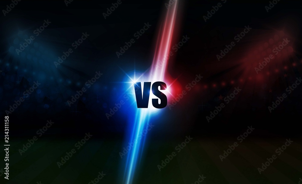 Football arena field with bright stadium lights vs letters for sports ...