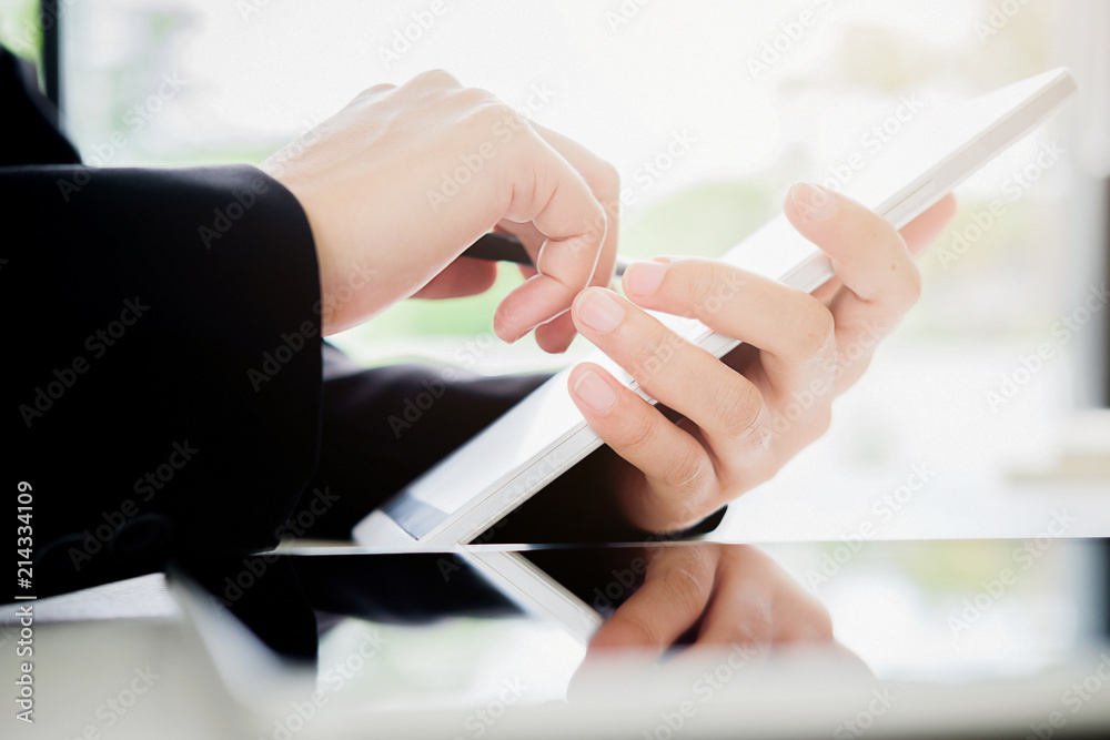 Woman with bills and calculator. Woman using calculator to calculate ...