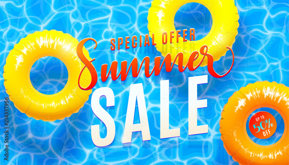 Summer sale banner background with blue water texture and yellow pool ...
