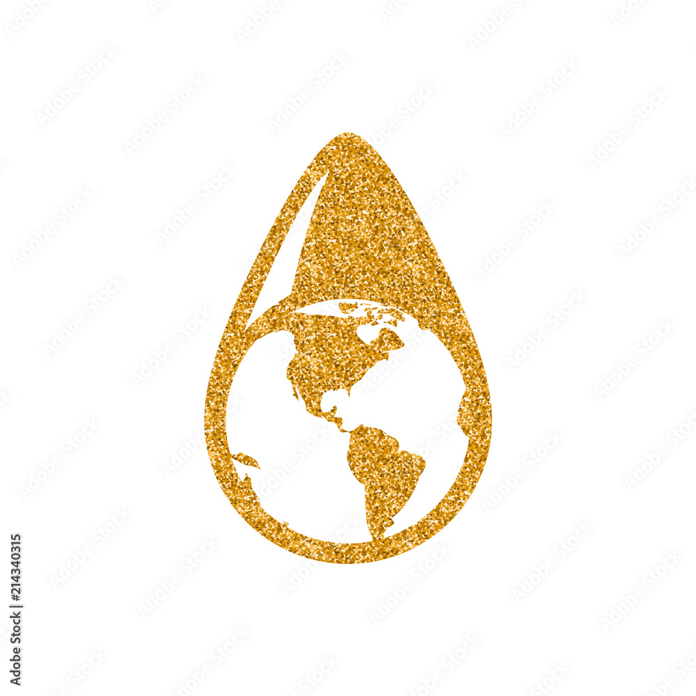 Earth water drop icon in gold glitter texture. Sparkle luxury style ...