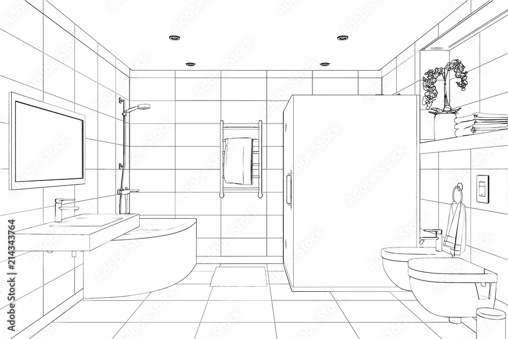 3d illustration. Drawing sketch of black modern shower room Stock ...