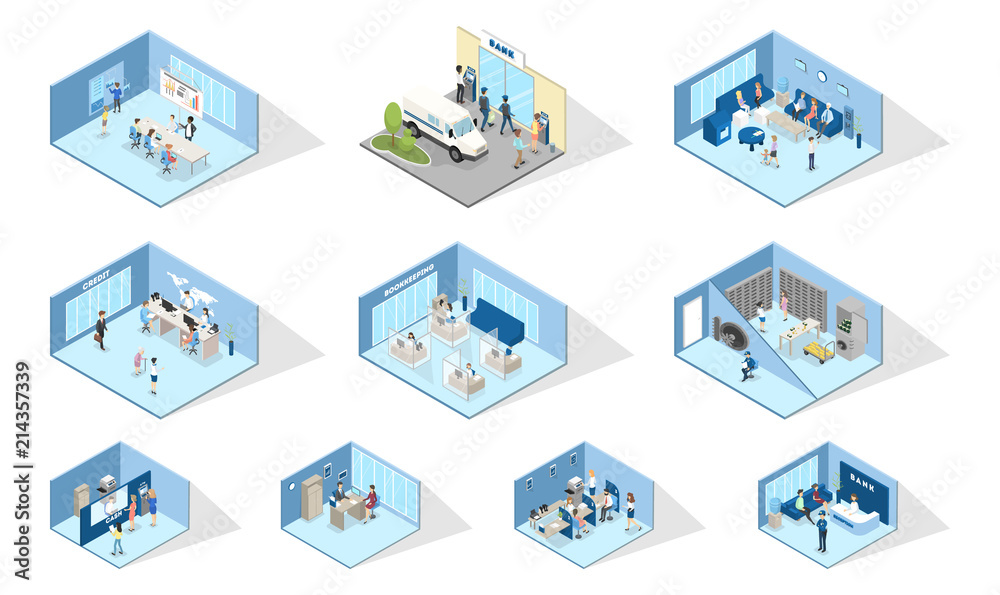 Bank interior isometric Stock Vector | Adobe Stock