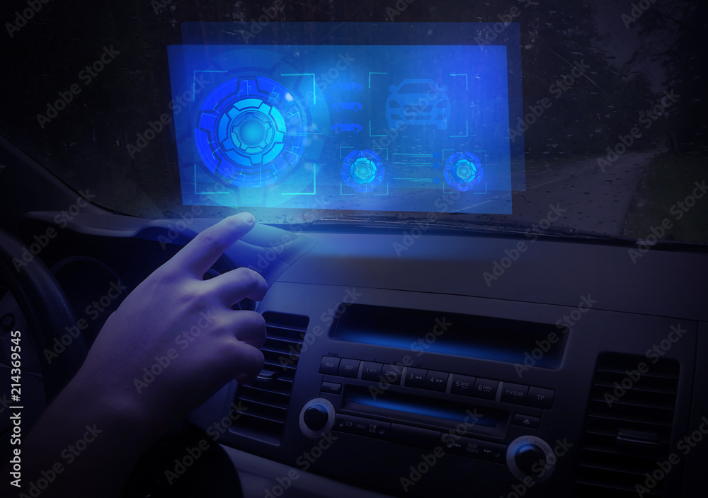 Futuristic car cockpit and touch screen. Autonomous car. Driverless ...