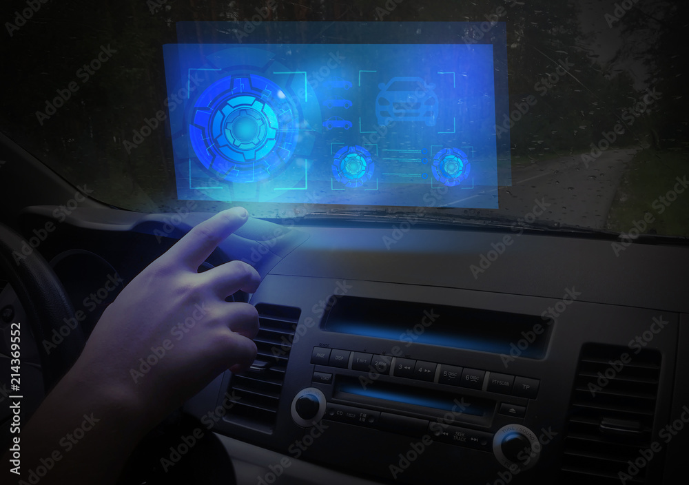Futuristic car cockpit and touch screen. Autonomous car. Driverless ...