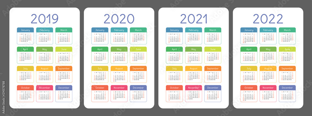 Calendar 2019, 2020, 2021, 2022 years. Colorful vector set. Week starts ...