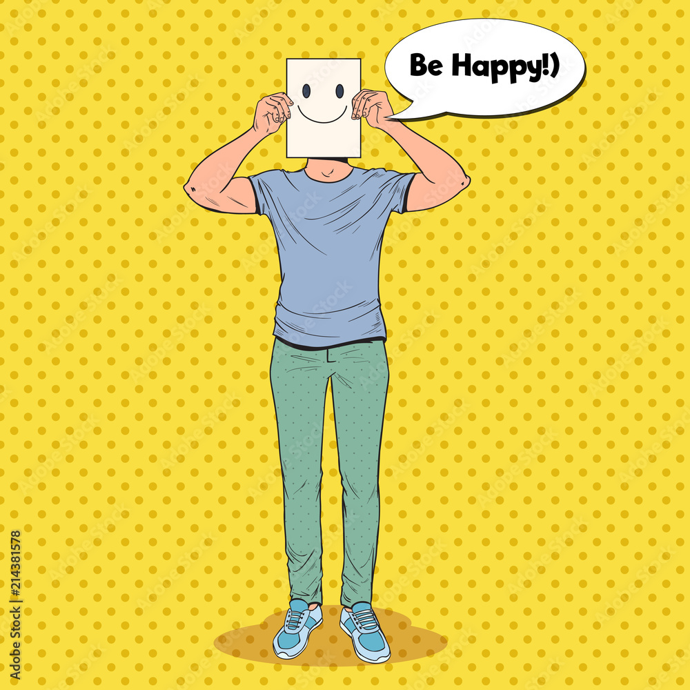 Pop Art Man with Smiley Emoticon on Paper Sheet. Happy Guy Holding a ...