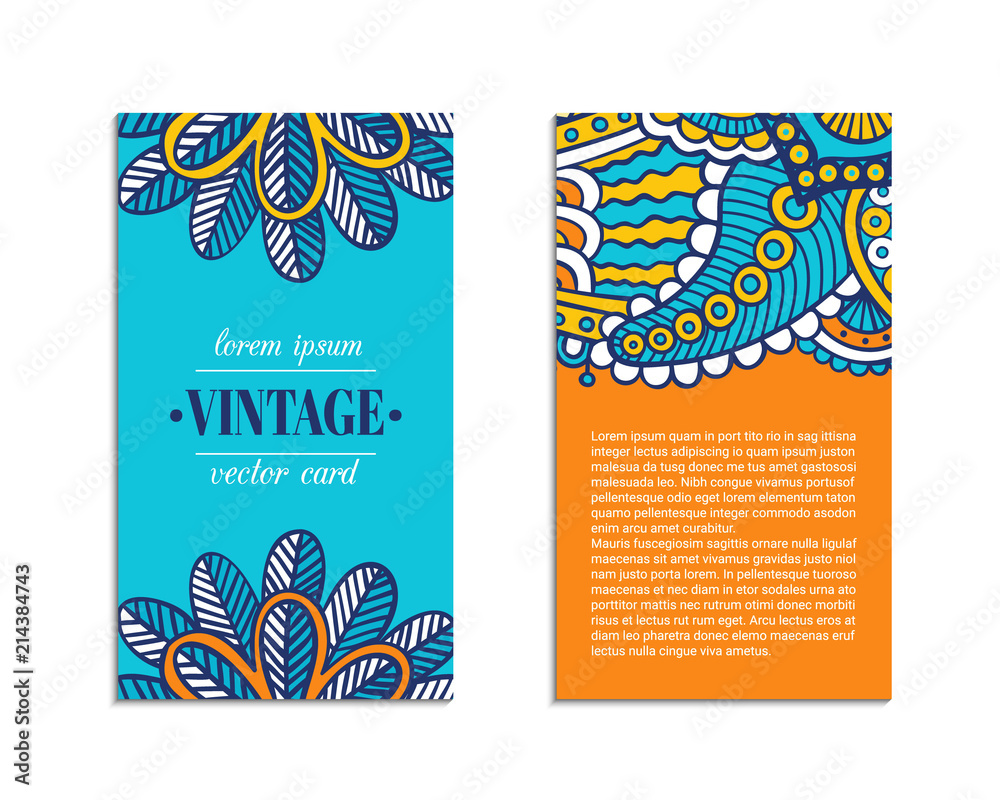 Indian style bright colorful mehendi ornament flyer. Front and back ...