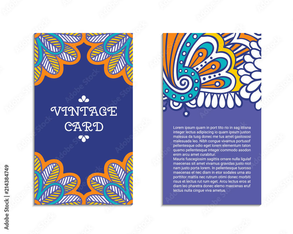 Indian style bright colorful mehendi ornament flyer. Front and back ...