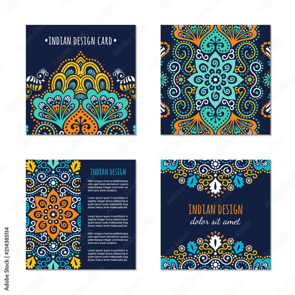 Indian style bright colorful mehendi ornament square cards. Front and ...