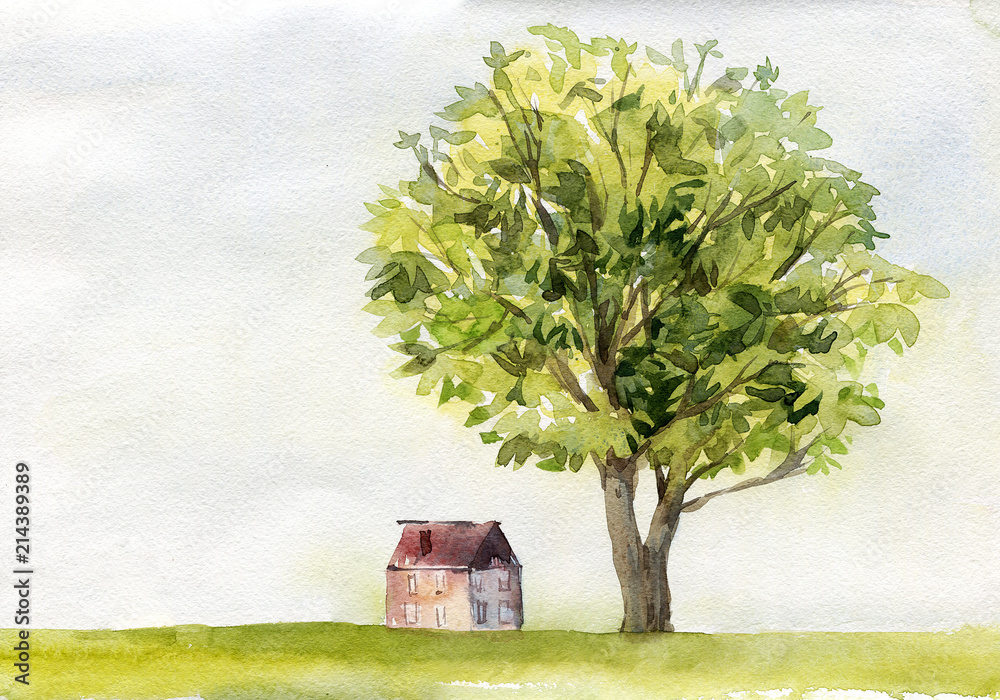Watercolor hand painted house under tree illustration. Can be used as ...