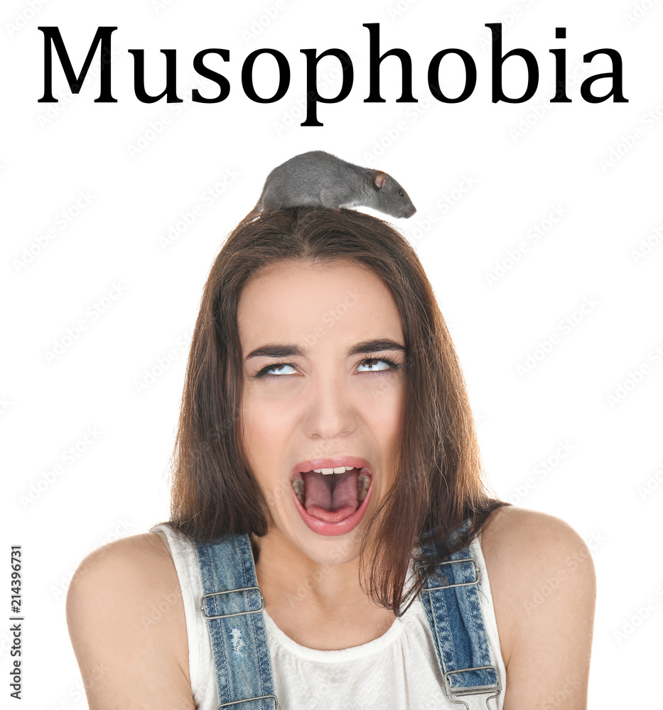 Terrified woman with mouse on white background. Musophobia concept ...