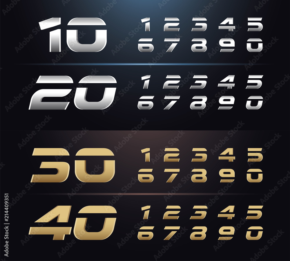 Regular and italic set of metal number. Typography silver and gold ...