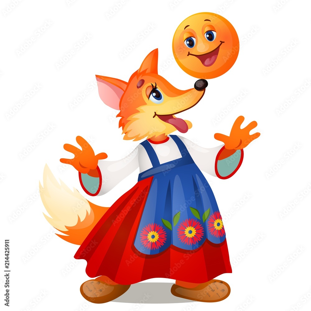Fox in traditional Russian dress, and a smiling the bun isolated on ...