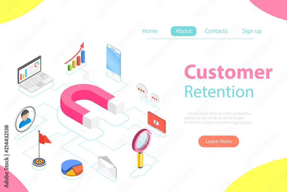Flat isometric vector concept of retention strategy, attracting ...