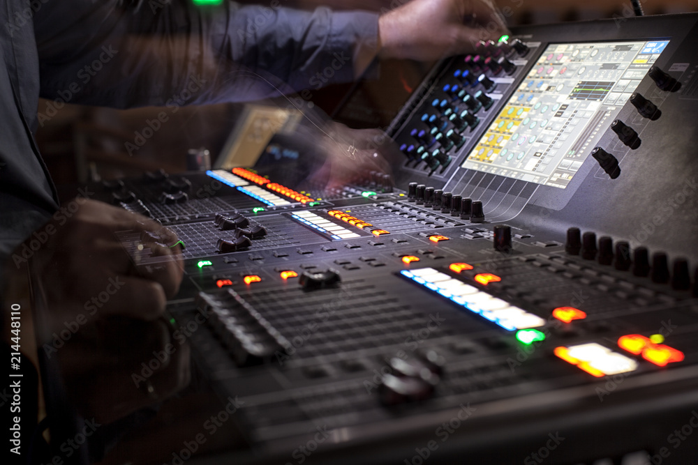 music, technology, people and equipment concept - hands using mixing ...