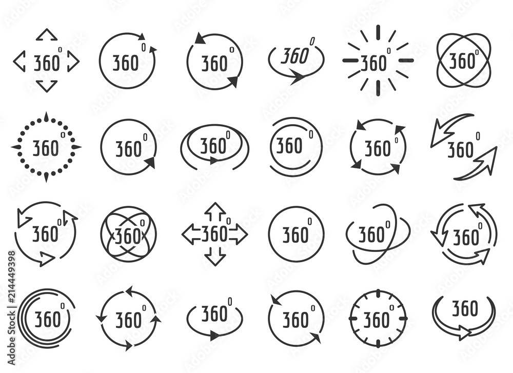 Full rotation icons. Thin line full 3d signs, 360 degree completed ...