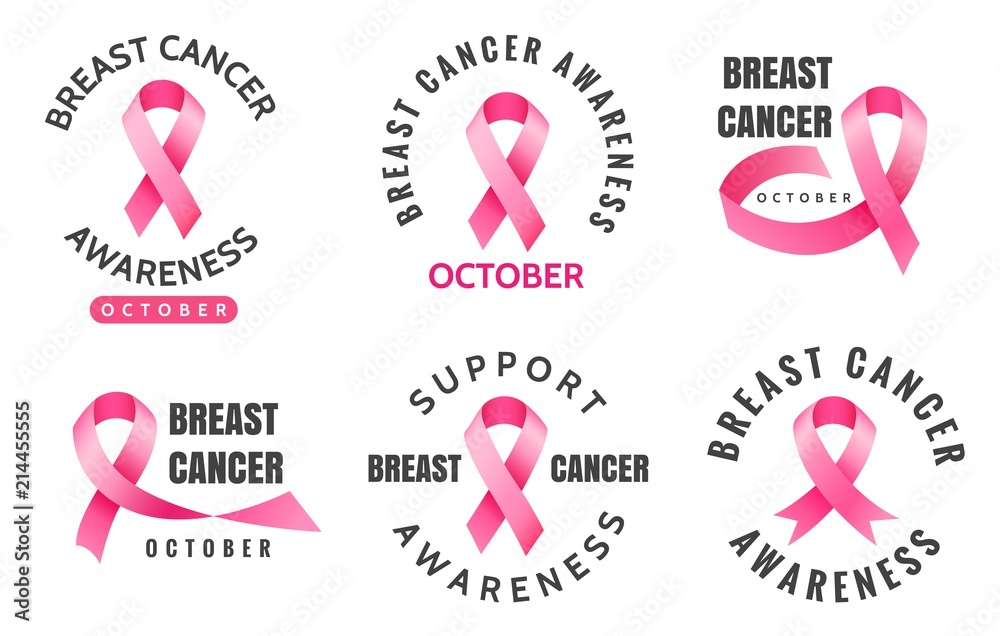 Breast cancer emblems. Vector woman pink ribbons aware logo signs ...