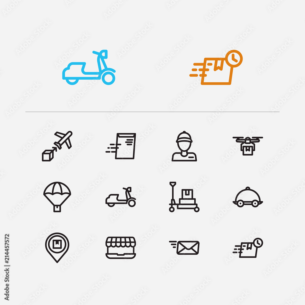 Shipment icons set. Airplane delivery and shipment icons with box ...
