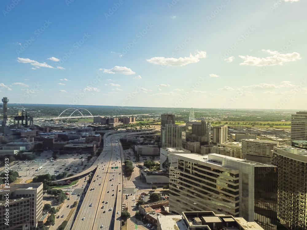 Dallas downtown landmark buildings and Woodall Rodgers Freeway (Texas ...