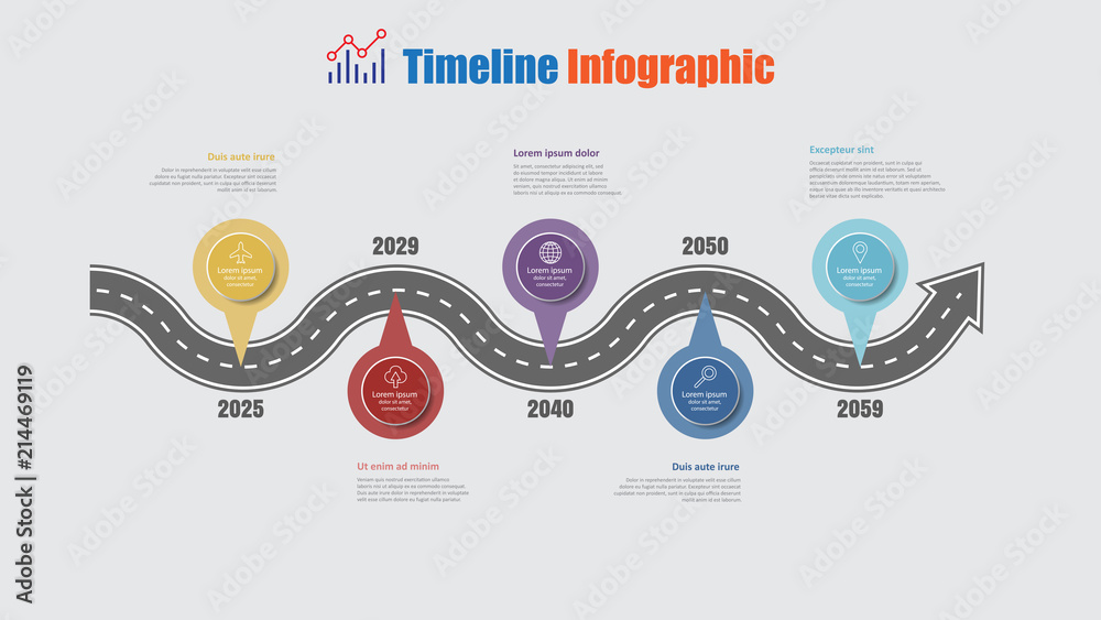Road map business timeline infographic with 5 step pins designed for ...