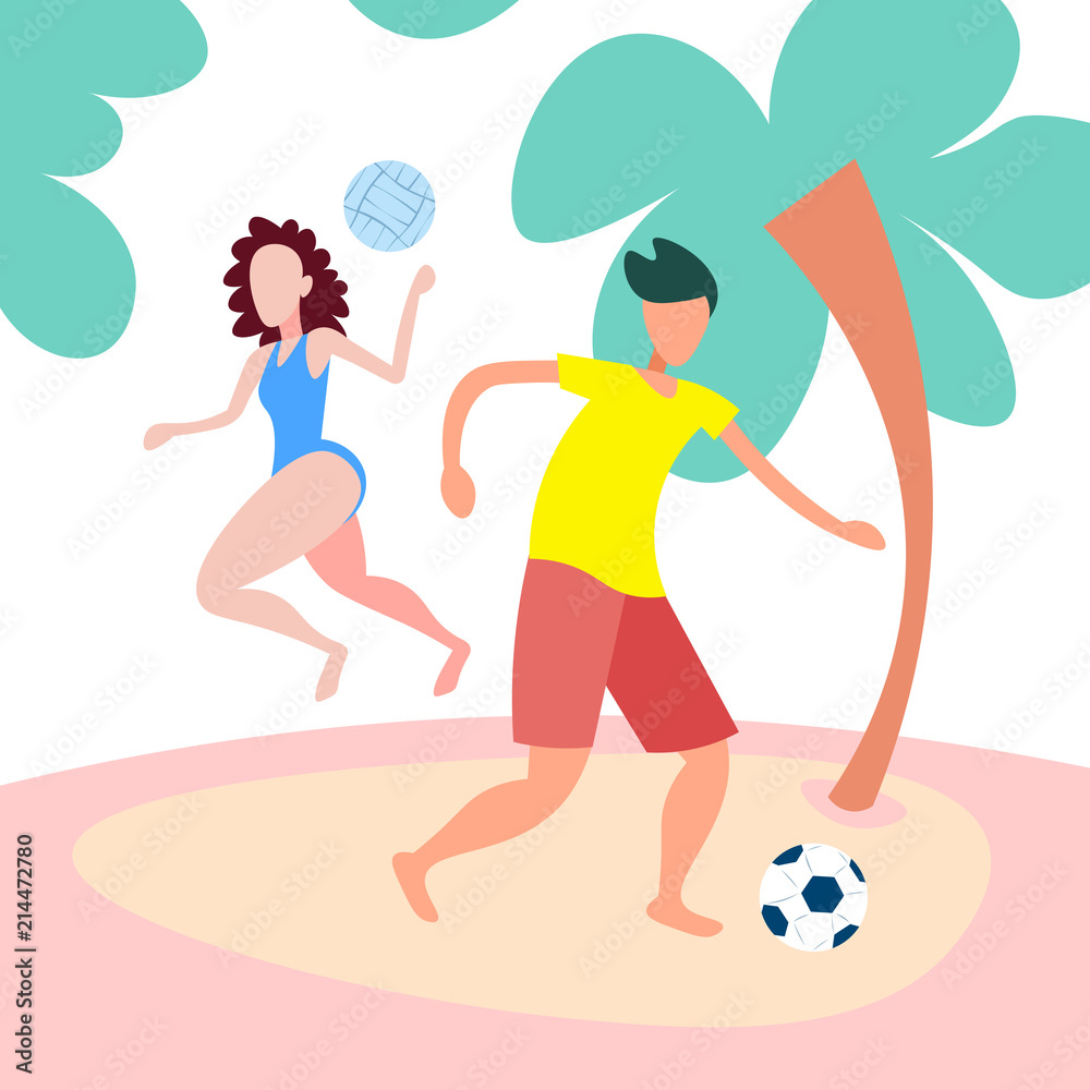 couple playing beach games female male activity cartoon character full ...