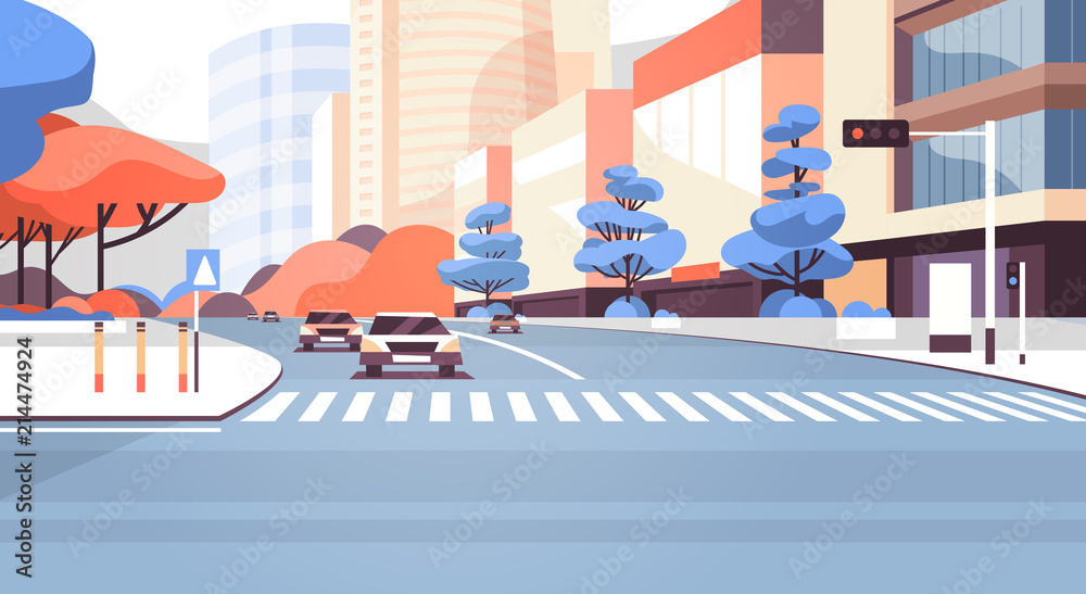 City street road skyscraper buildings view modern cityscape downtown ...