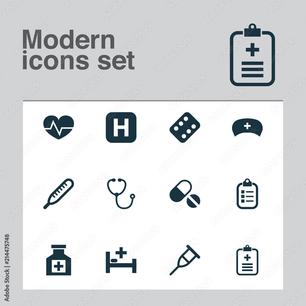 Drug icons set with bed, pellets, medicament and other hospital ...