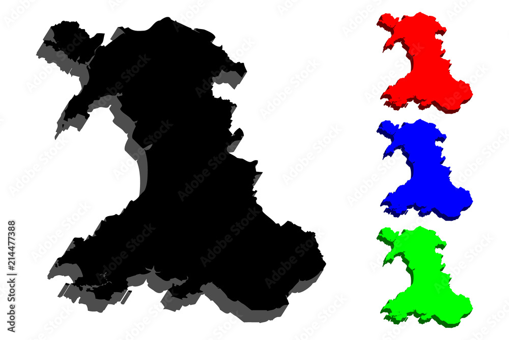 3D map of Wales(Cymru) - black, red, blue and green - vector ...