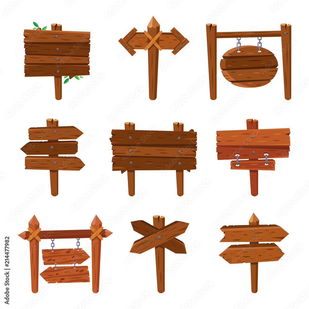 Cartoon wooden arrows. Vintage wood sign boards and arrow signs ...